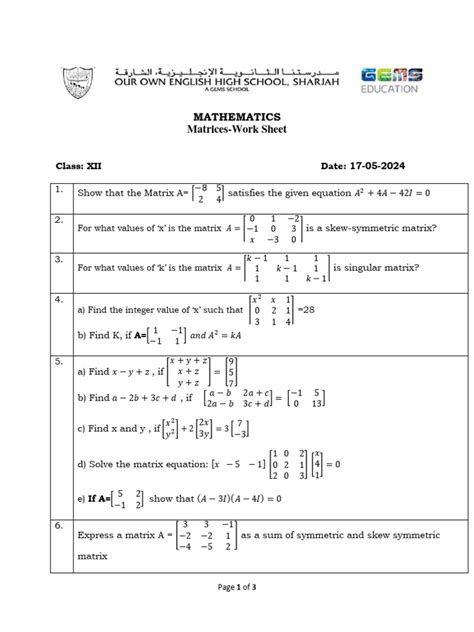 Work Sheet Matrices Pdf Mathematical Concepts Functional Analysis