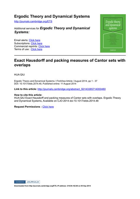 pdf exact hausdorff and packing measures of cantor sets with overlaps