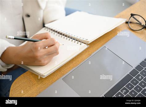 Cropped Image Female College Babe Learning Study On Online Via Laptop Computer And Taking