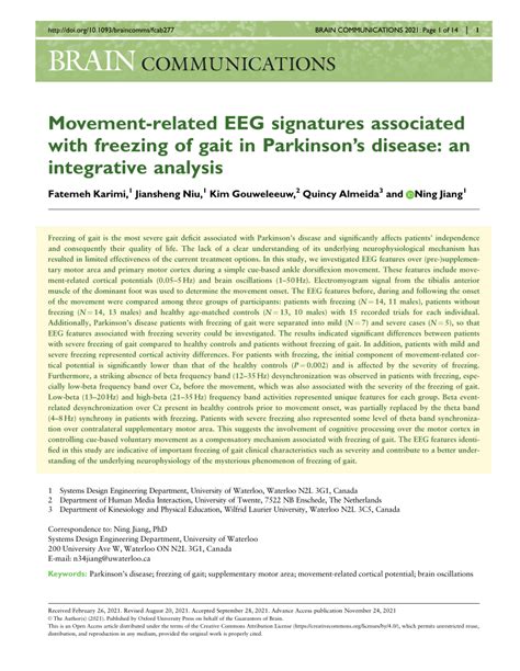 Pdf Movement Related Eeg Signatures Associated With Freezing Of Gait In Parkinsons Disease