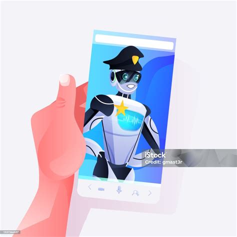 균일 한 인공 지능 기술에 화면 순찰 경찰에 경찰 로봇과 스마트 폰을 사용하여 인간의 손 Brand Name Smart Phone에 대한 스톡 벡터 아트 및 기타 이미지