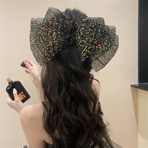 Vanika 여성용 물고기 비늘 스팽글 대형 활 헤어 클립 패션 메쉬 포니테일 클립 꽃 머리핀 머리 장식 헤어 액세서리 신제품 위시버킷