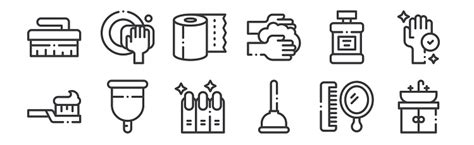 선형 위생 루틴 아이콘 12세트 싱크대 플런저 생리컵 구강 세정제 화장지 웹용 세탁판 모바일 과 같은 얇은 윤곽선 아이콘 0명에 대한 스톡 벡터 아트 및 기타 이미지