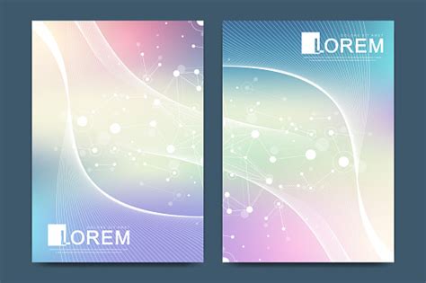 안내 책자 전단지 전단지 커버 카탈로그 잡지 배너 또는 연례 보고서에 대 한 최신 벡터 템플릿 A4 크기입니다 색된 동적 파도 선와 입자 사업 과학 및 기술 설계 0명에