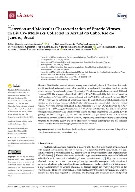 Pdf Detection And Molecular Characterization Of Enteric Viruses In Bivalve Mollusks Collected