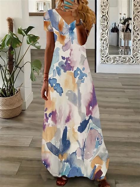 Plus Size Casual Dress Womens Plus Floral Print Short Sleeve V Neck