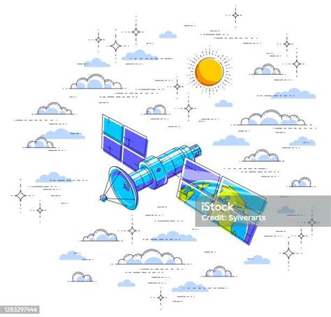 글로벌 통신 기술 위성은 흐린 하늘에서 비행하고 태양 전지 판넬에 지구를 반사합니다 흰색으로 격리된 얇은 선 3d 벡터