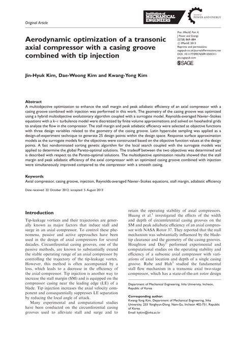 Pdf Aerodynamic Optimization Of A Transonic Axial Compressor With A Casing Groove Combined