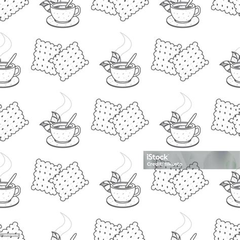 커피의 주제에 윤곽 도면과 원활한 패턴 따뜻한 커피 또는 차와 크래커 한 잔 0명에 대한 스톡 벡터 아트 및 기타 이미지 0