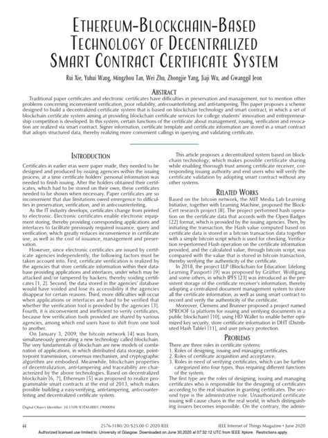 ethereum blockchain based technology of decentralized smart contract certificate system pdf