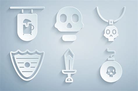 게임용 검 목걸이 부적 방패 폭발 할 준비가 된 폭탄 바 아이콘이있는 두개골 및 거리 간판을 설정합니다 벡터 3차원 형태에 대한 스톡 벡터 아트 및 기타 이미지 Istock