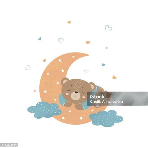 달에서 자고있는 귀여운 작은 곰 흰색 배경에 포스터 패브릭 프린트 및 어린이 카드를위한 어린이 일러스트레이션 벡터 곰에 대한 스톡 벡터 아트 및 기타 이미지 Istock