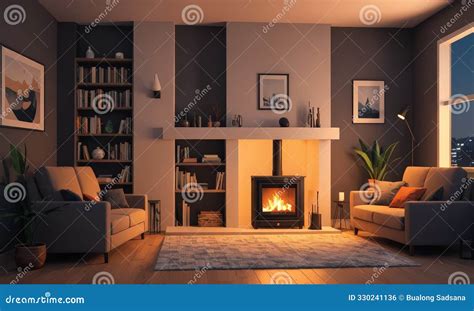 Cozy Living Room With Fireplace Bookshelves And Large Window