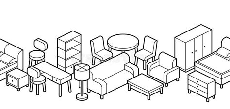 Home Furniture Isometry Pattern Domestic And Office Furniture And Equipment Stock Vector