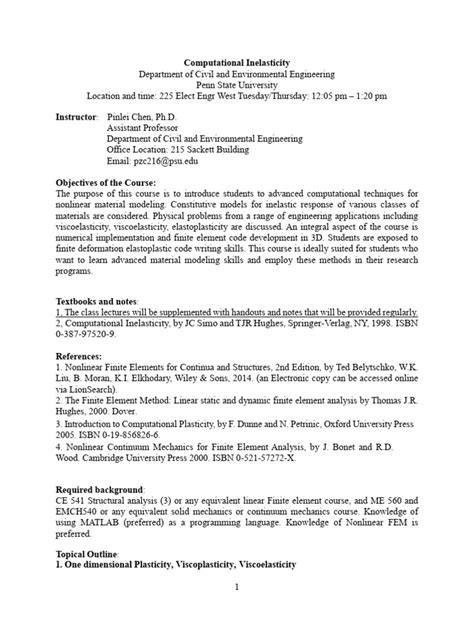 Computational Inelasticity Course Syllabus Pc 25owkbu Pdf