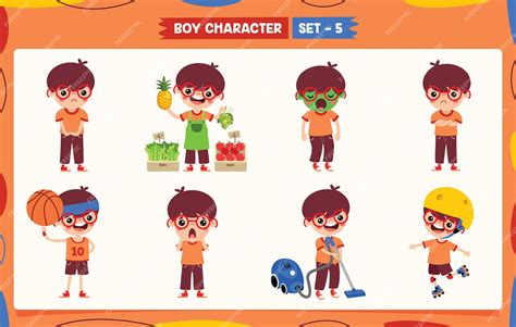 Мультяшный мальчик занимающийся различными видами деятельности Премиум векторы