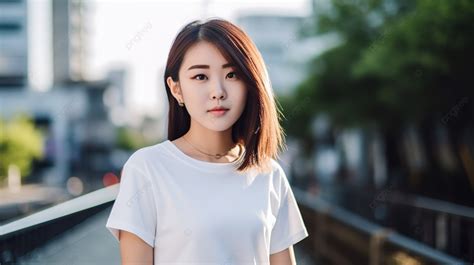 야외에서 포즈를 취하는 흰색 티셔츠를 입은 아시아 여성 흰색 티셔츠를 입은 여자 전신 고화질 사진 사진 얼굴 배경 일러스트 및 사진 무료 다운로드 Pngtree