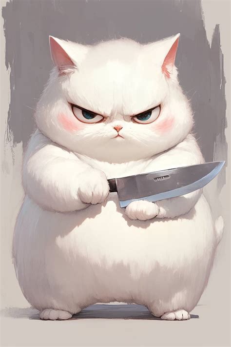 귀여운 뚱뚱한 고양이가 칼을 들고 있다