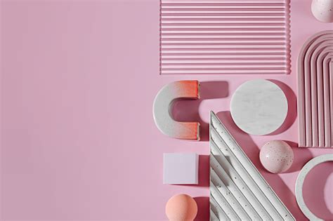 파스텔 배경에 기하학적 인 콘크리트 그림과 돌 다양한 재료와 기하학적 모양으로 현대적인 세트 개념에 대한 스톡 사진 및 기타 이미지 Istock