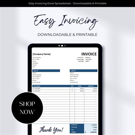 Easy Invoicing Excel Spreadsheet Downloadable And Printable Etsy