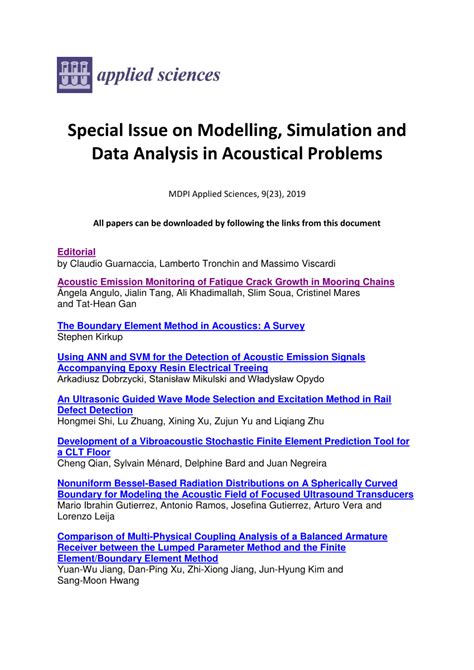 Pdf Mdpi Applied Sciences Special Issue On Modelling Simulation And