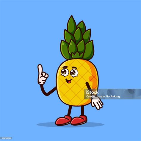 귀여운 파인애플 캐릭터와 행복한 얼굴과 제스처가 위로 가리킵니다 과일 문자 아이콘 개념 격리 이모티콘 스티커 플랫 만화 스타일