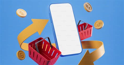 흰색 빈 디스플레이가 있는 스마트폰 쇼핑 모바일 앱 동전이 든 바구니 캐쉬백 및 환불 모형 화면 복사 공간 3d 렌더링 사진 Unsplash의 기술 이미지