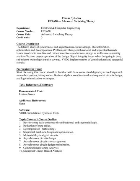 ECE620 Advanced Switching Theory Course Syllabus