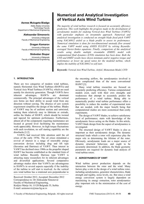 PDF Numerical And Analytical Investigation Of Vertical Axis Wind Turbine