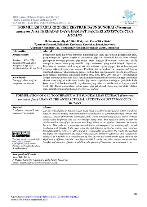Pdf Formulation Of Gel Toothpaste With Sungkai Leaf Extract Peronema Canescens Jack Against