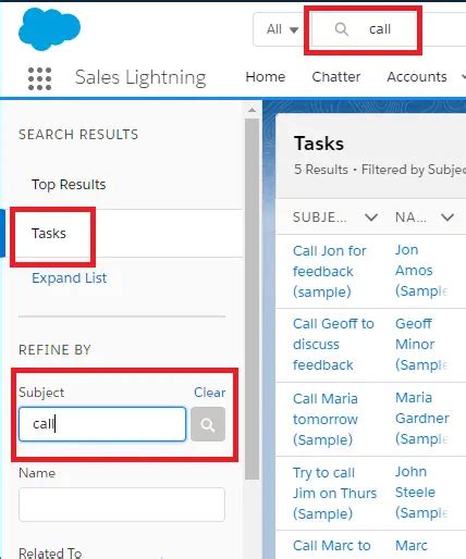 how to filter by task subject in global search results in salesforce