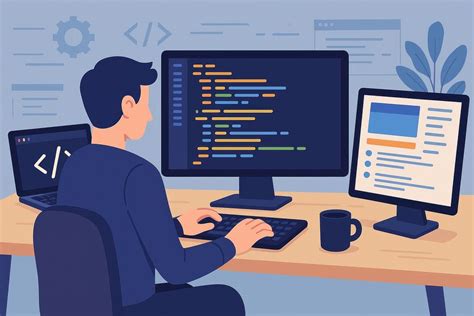 Developer Coding On Multiple Screens Free Photo Illustration Rawpixel