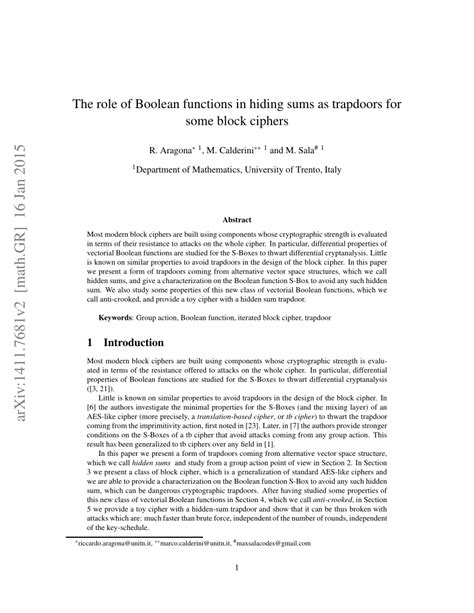 Pdf The Role Of Boolean Functions In Hiding Sums As Trapdoors For