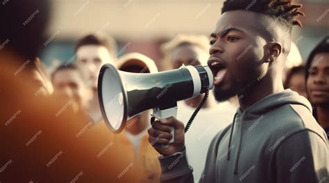 Premium Ai Image A Man Shouting Into A Megaphone With A Crowd Behind Him