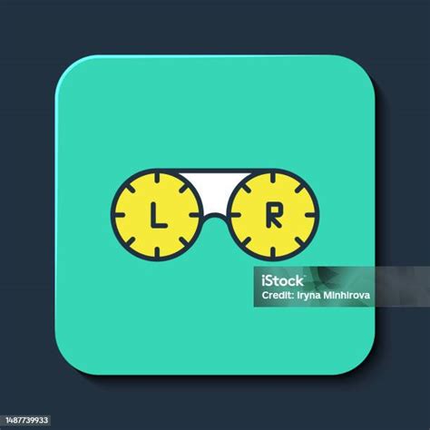 채워진 윤곽선 콘택트 렌즈 컨테이너 아이콘은 파란색 배경에 분리되어 있습니다 시력 관리 렌즈 위생 용기 청록색 사각형 버튼 벡터