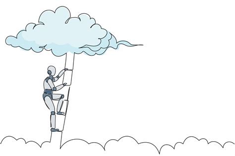 Single Continuous Line Drawing Robot Climbing Up Ladder To Cloud Career Path Growth Modern