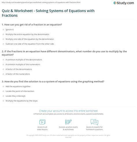 Quiz And Worksheet Solving Systems Of Equations With Fractions