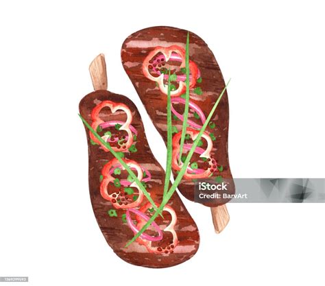 바베큐 음식 피크닉 여름 외식 및 바베큐 고기와 소스를위한 다양한 물건의 수채화 세트 고기에 대한 스톡 벡터 아트 및 기타