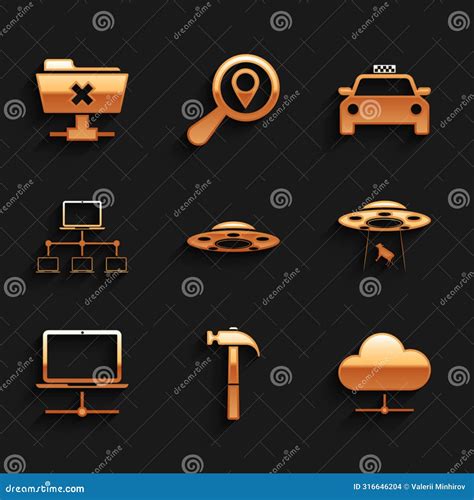 set ufo flying spaceship hammer network cloud connection abducts cow