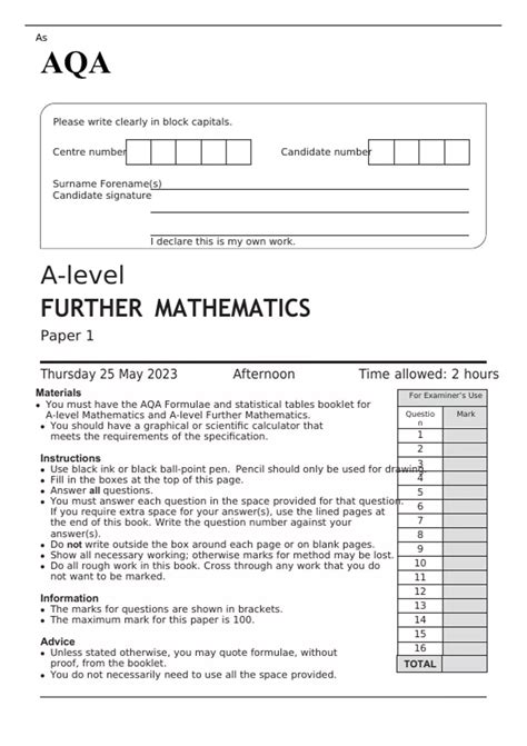 AQA A Level FURTHER MATHEMATICS Paper JUNE QUESION PAPER AND MARK SCHEME Stuvia US