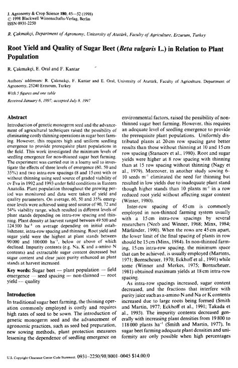 Pdf Root Yield And Quality Of Sugar Beet Beta Vulgaris L In Relation To Plant Population