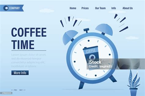 커피 타임 랜딩 페이지 템플릿 시계 페이스에 커피 컵이 있는 울리는 알람 시계 휴식 또는 타임아웃을 위한 시간입니다 커피를 테이크 아웃하십시오 일정과 라이프 스타일을