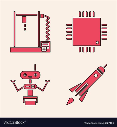 Set Rocket Ship With Fire D Printer Processor Vector Image