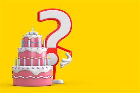 물음표 기호 만화 캐릭터 사람 마스코트 생일 만화 디저트 계층화 케이크와 양초 3d 렌더링 개념에 대한 스톡 사진 및 기타 이미지 Istock