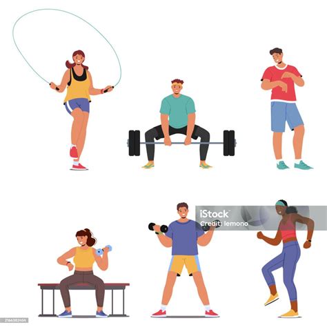 줄넘기 역도 그리고 조깅을 포함한 피트니스 활동을 수행하는 캐릭터의 벡터 세트 일러스트 레이 션 건강한 생활방식에 대한 스톡