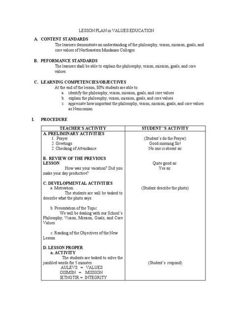 Lesson Plan In Values Education Pdf Lesson Plan Pedagogy