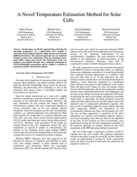 Pdf A Novel Temperature Estimation Method For Solar Cells