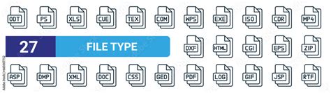 Set Of 27 Outline Web File Type Icons Such As Odt Ps Xls Exe Html Dmp Pdf Rtf Vector Thin