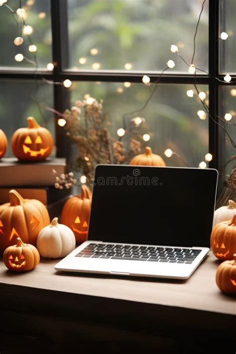 Laptop Computer Mock Up Blank Screen On Halloween Thanksgiving