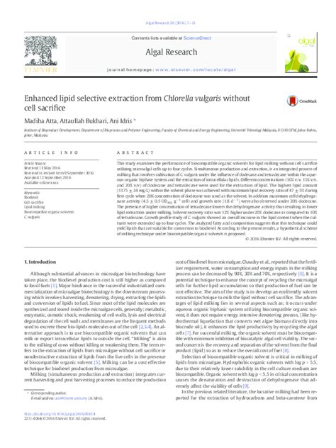 Pdf Enhanced Lipid Selective Extraction From Chlorella Vulgaris